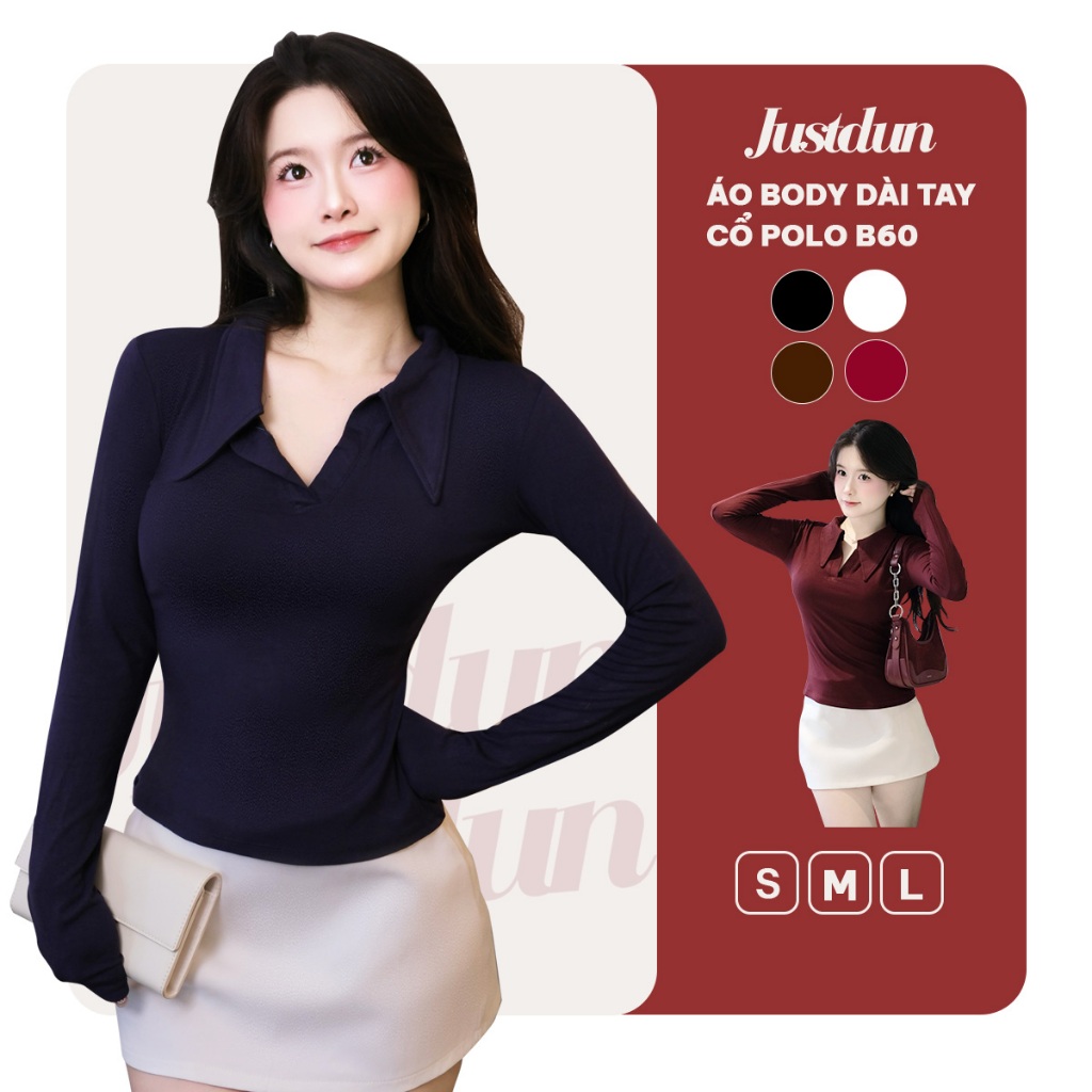 JUSTDUN B60 Women's Bodycon Polo Collar T-shirt - Long Sleeve, Soft ...