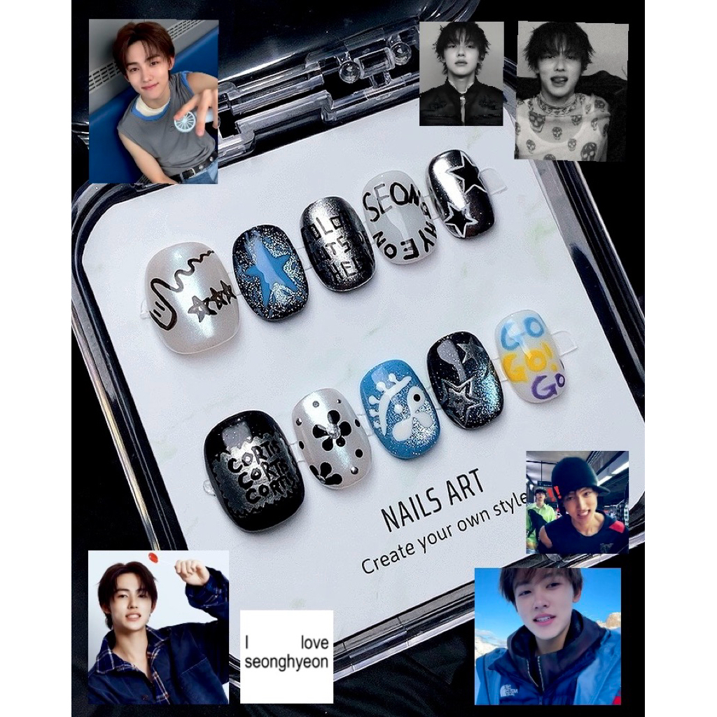 (M026) Fake nail set - Nailbox Cortis & Seonghyeon blue black silver ...