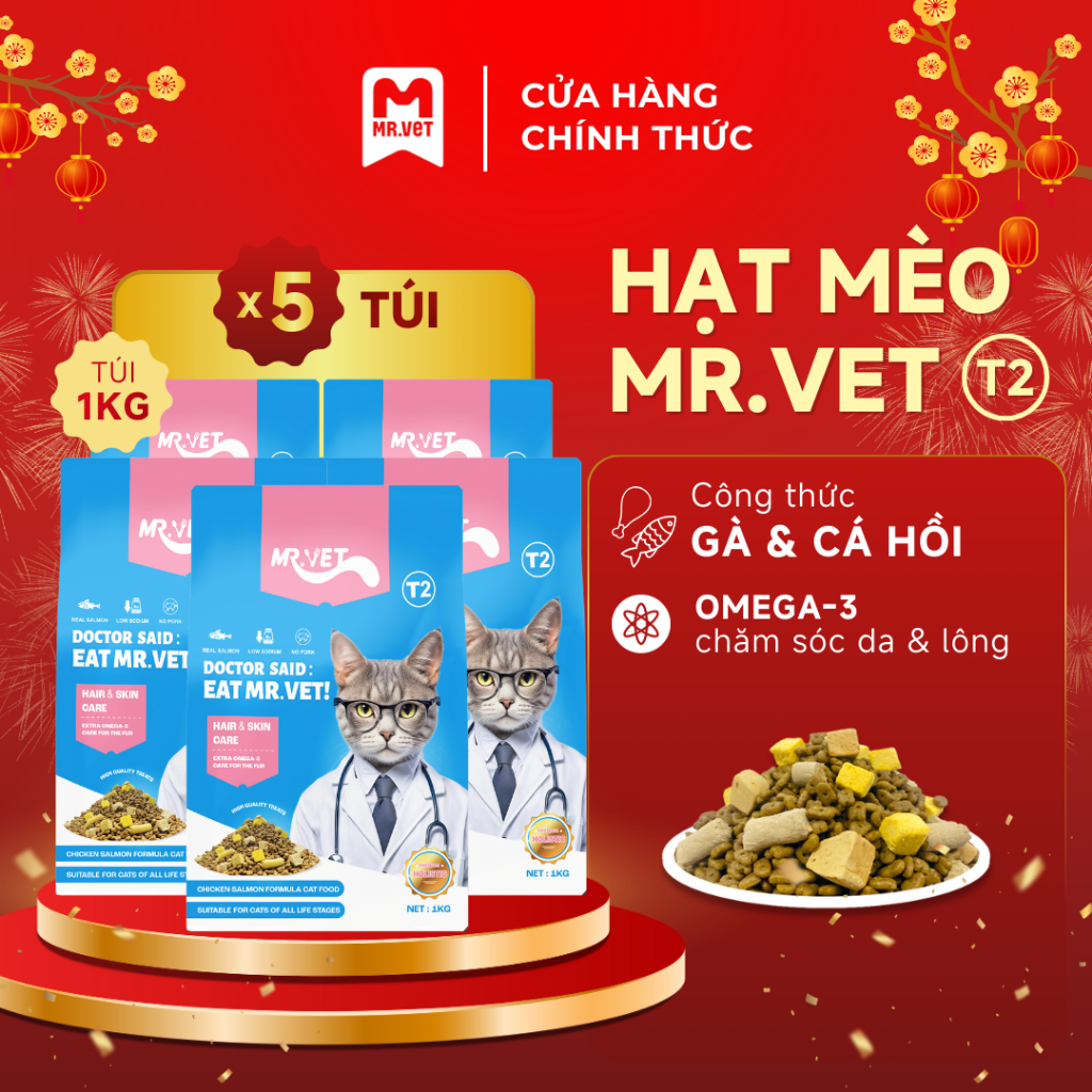 MRVET T2 Cat Food Combo 5 Packs 1KG Enhanced Omega 3 Skin Care and Coat ...