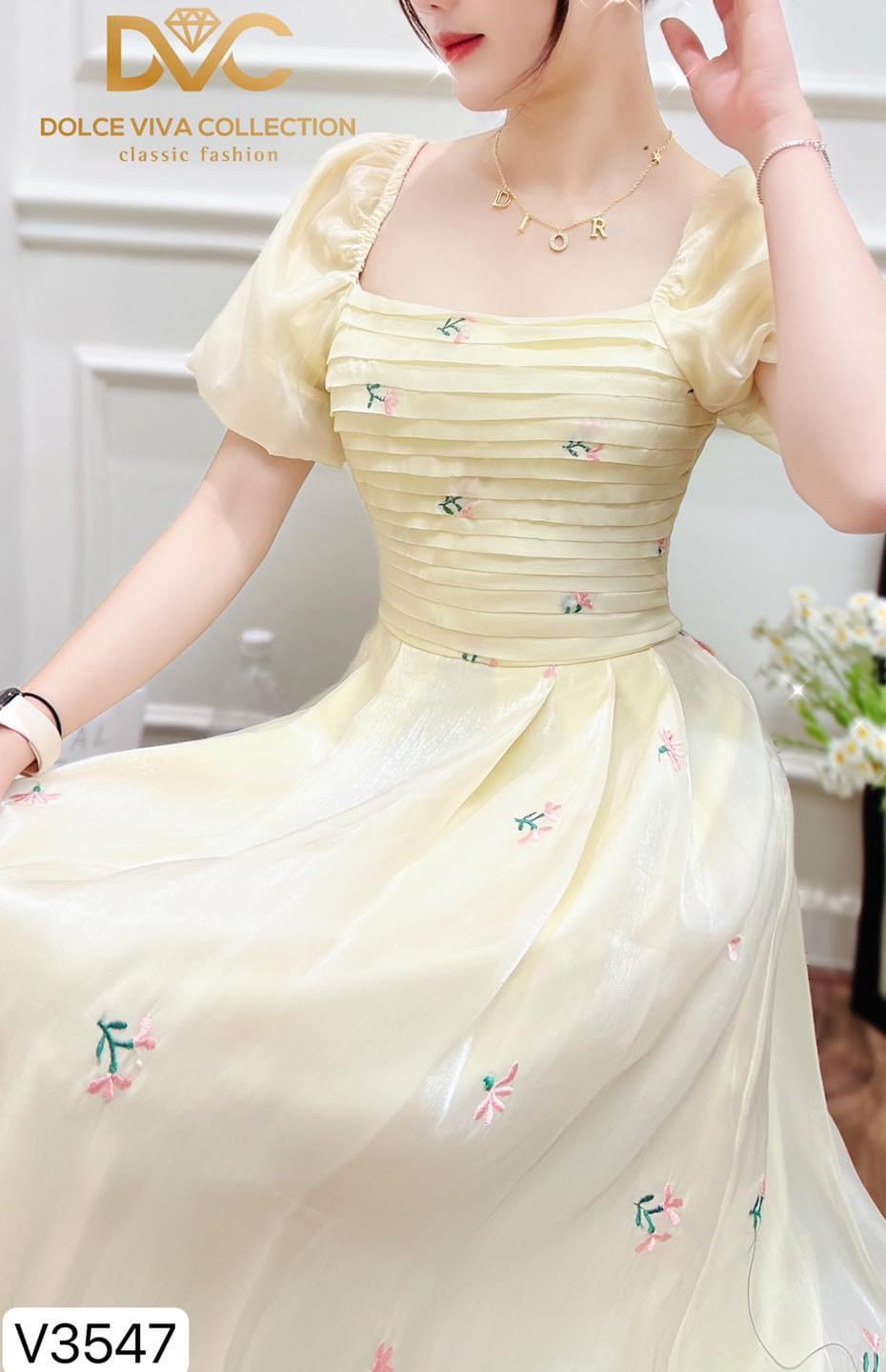 V3547 Square neck embroidered small flower cream chiffon dress [DVC&ACC ...