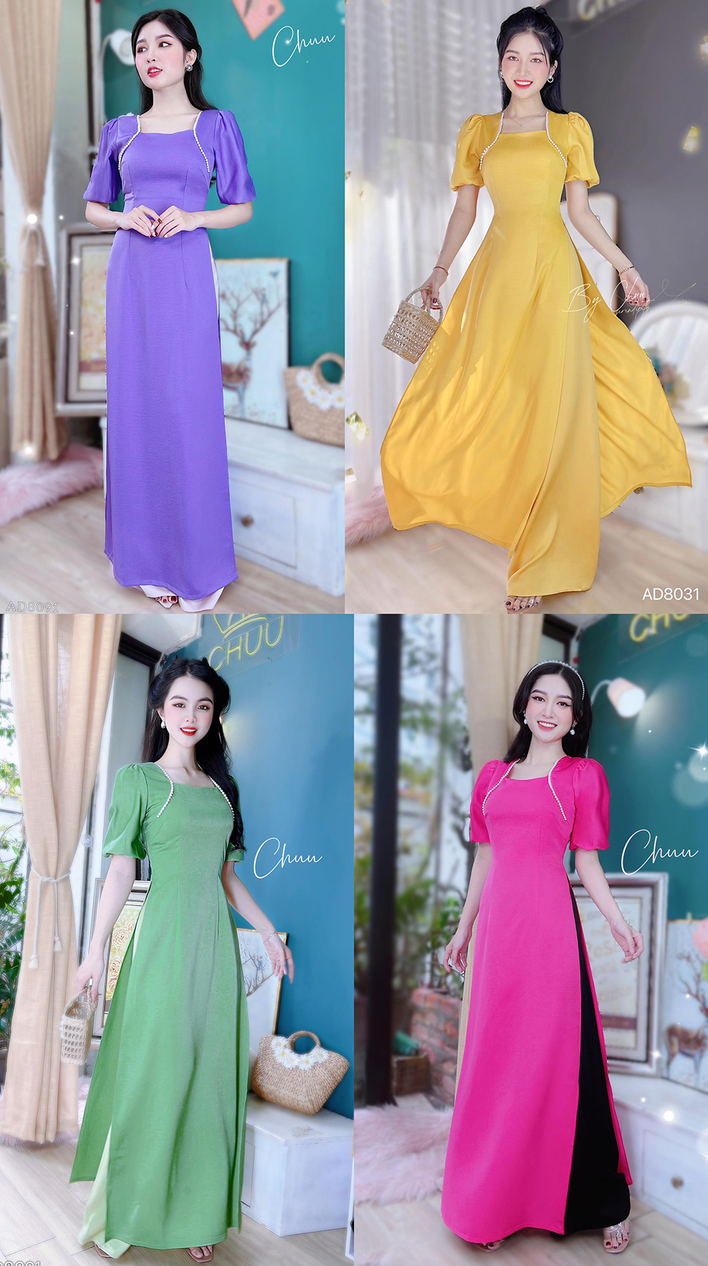 Modern women's ao dai with square neck and puff sleeves with pearls CHUU AD8091 without pants ...