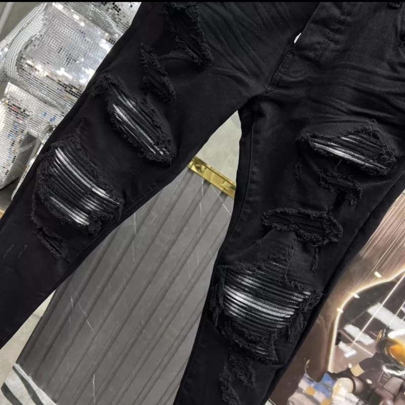 Amiri skinny likeauth men's jeans are torn ruffled thighs with wrinkled ...