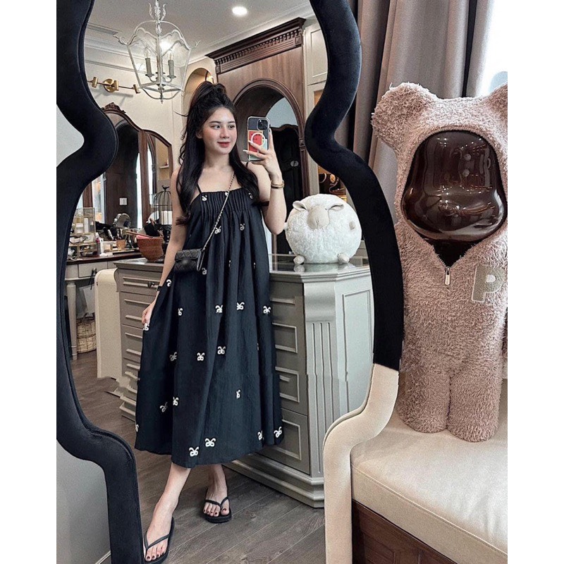 2-layer bow-patterned two-strap dress with adjustable buttons, 2-layer ...