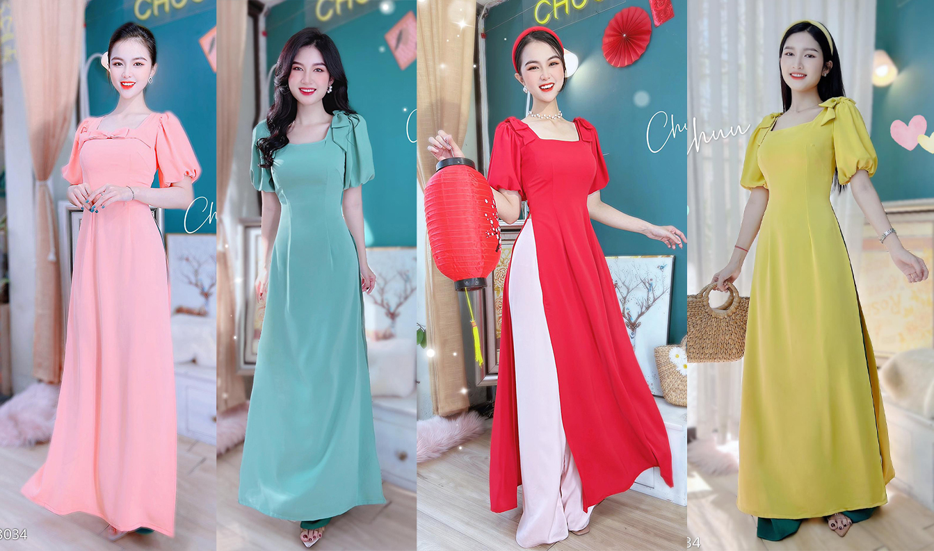 Modern floral ao dai for women with puffed sleeves and bow shoulders ...