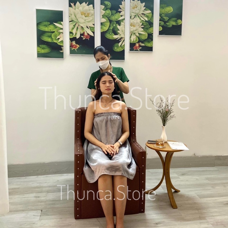 Strapless silk spa dress with ruffles, relaxing nourishing shampoo ...