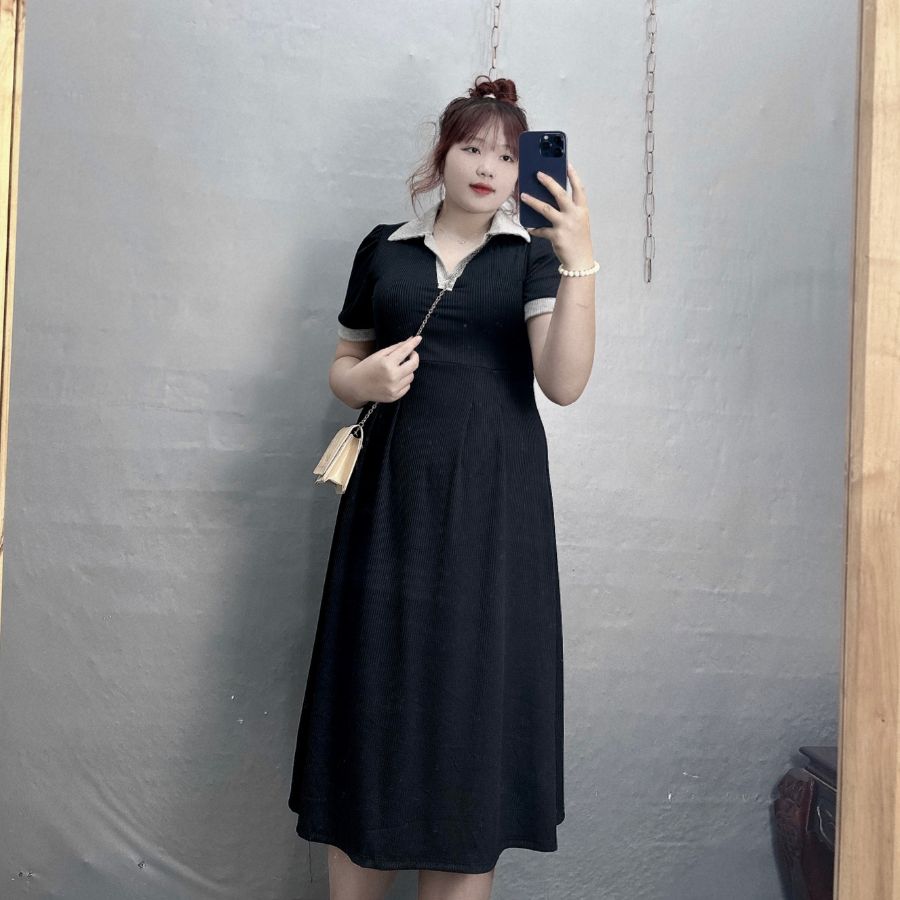 Women's big-size lady's dress with long flared collar and ribbed fabric ...