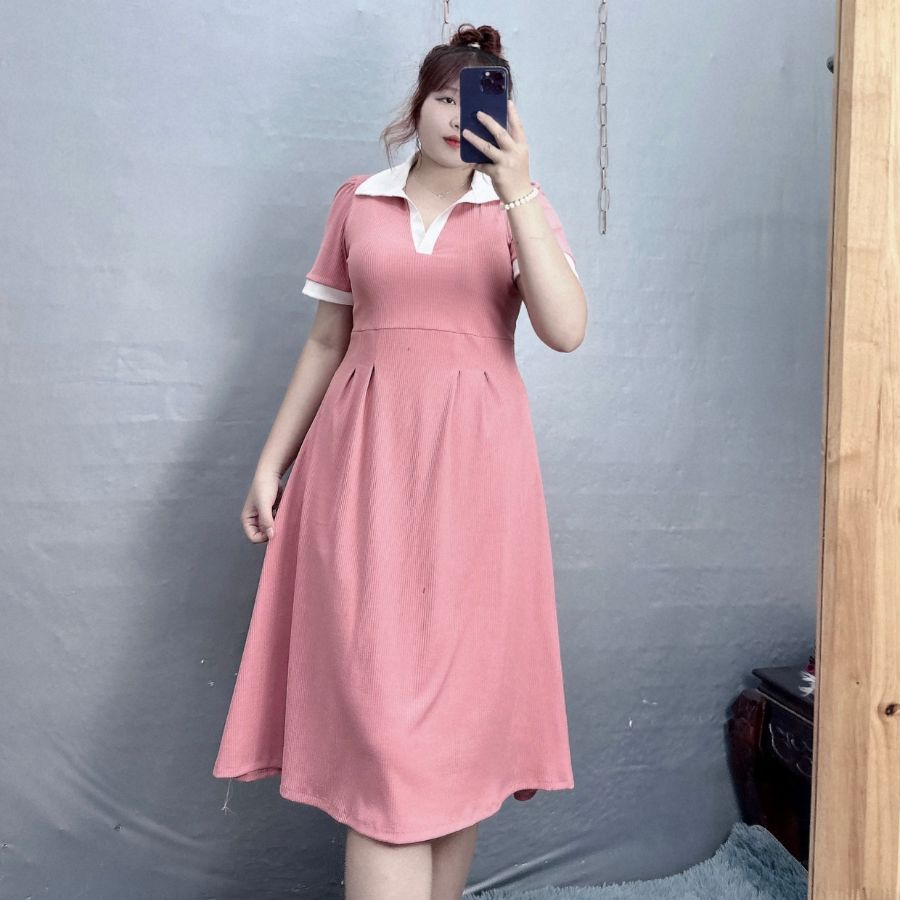 Women's big-size lady's dress with long flared collar and ribbed fabric ...