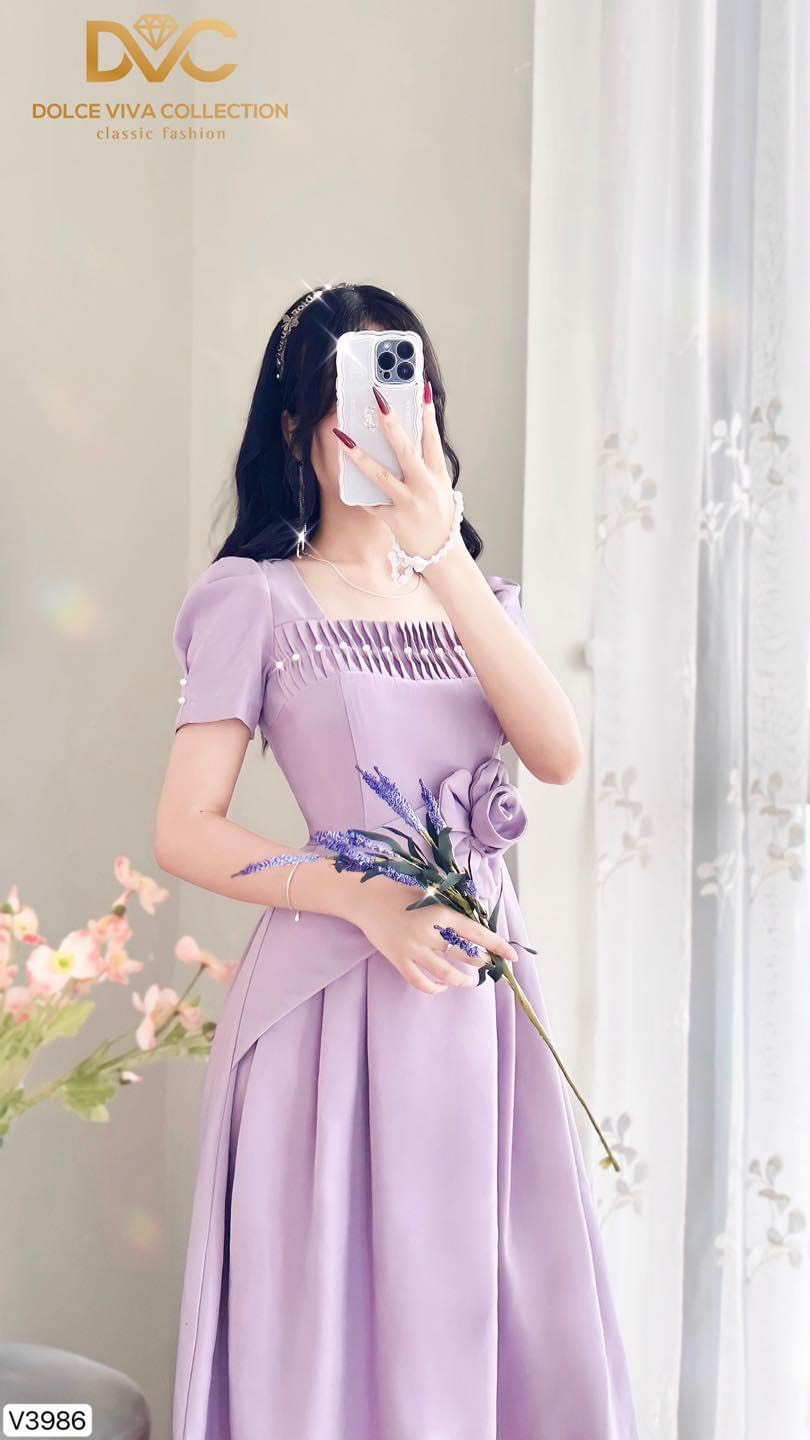 V3986 Luxurious pearl-embellished square neck purple flared dress ...