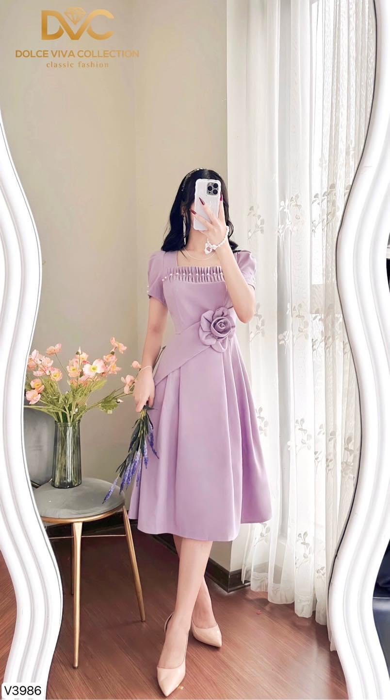 V3986 Luxurious pearl-embellished square neck purple flared dress ...