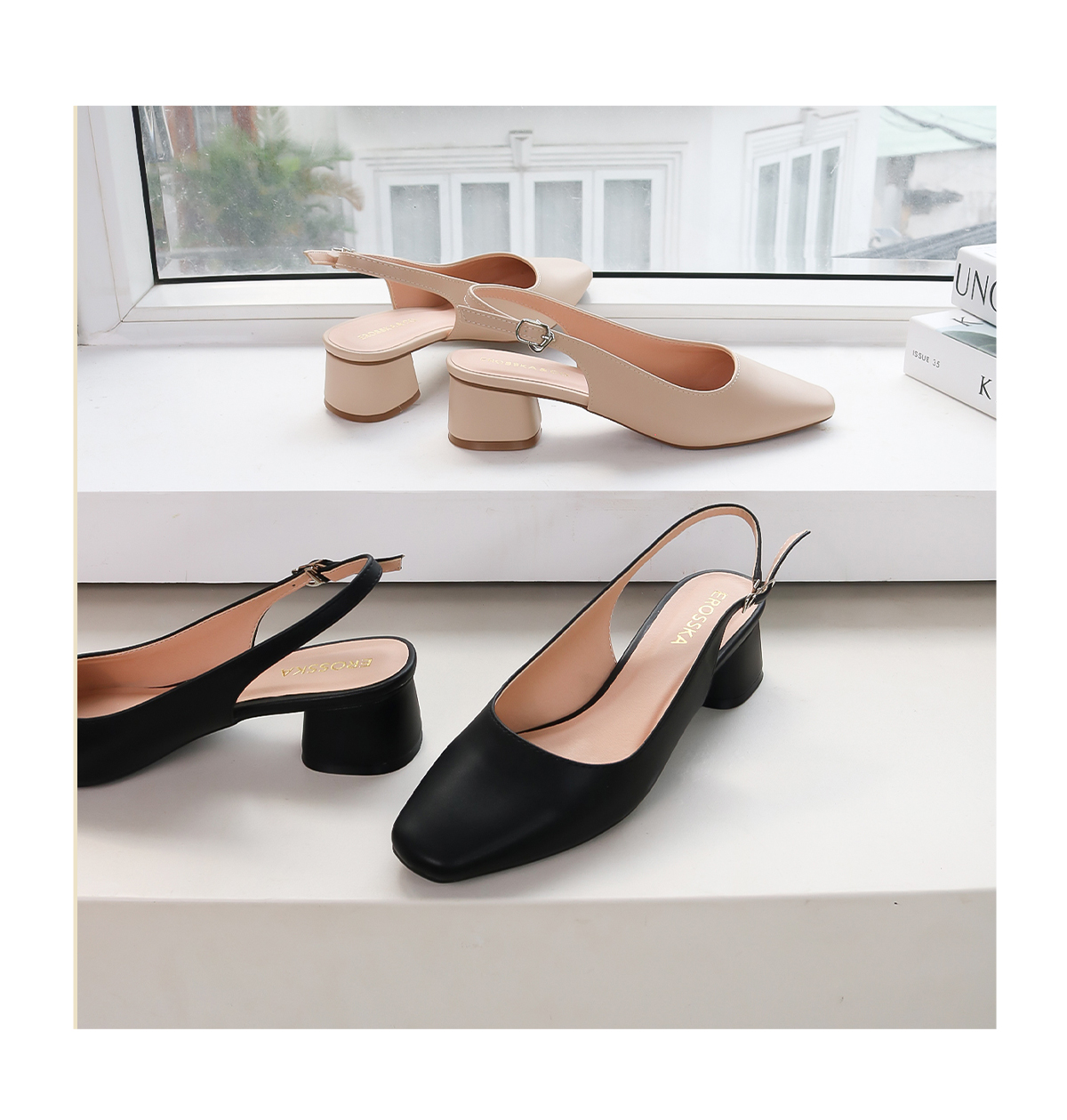 Erosska - Solid square toe slingback high heels in cream color, 5cm ...