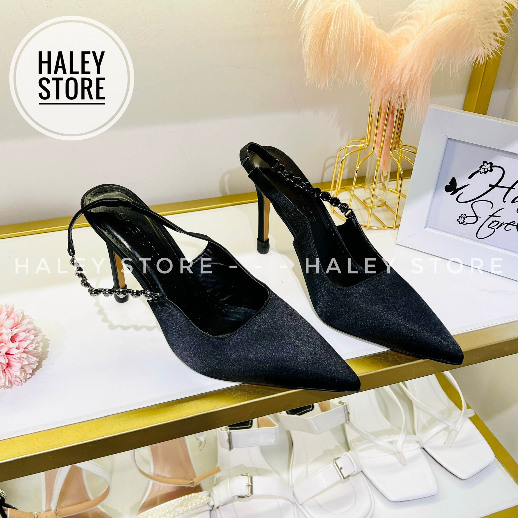 Haley STORE 9cm max stone high heels with phale diamond straps, pointed ...