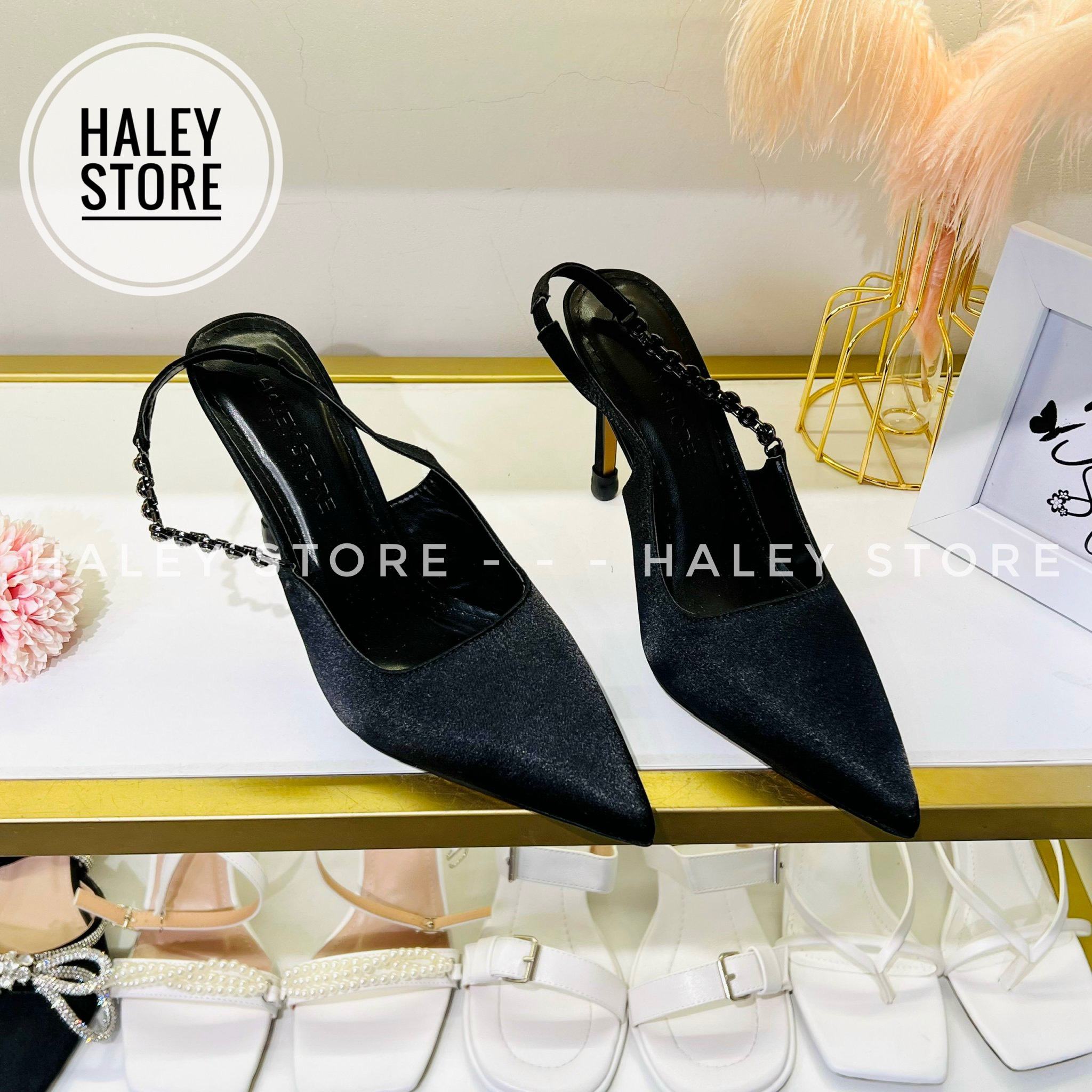 Haley STORE 9cm max stone high heels with phale diamond straps, pointed ...