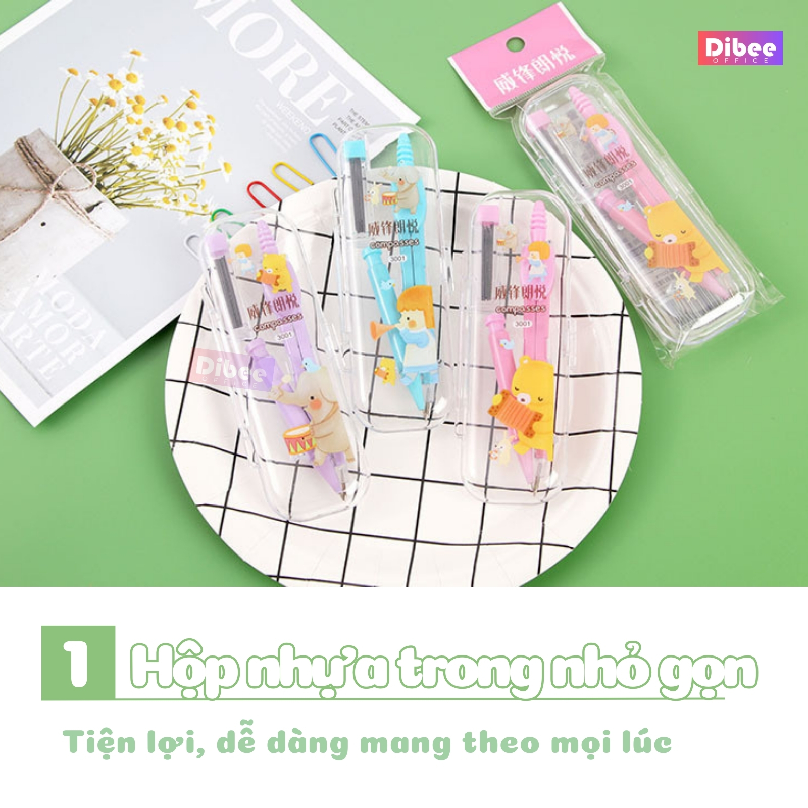 Dibee student compass set with nib, needle nib compass, 3 cute colors ...