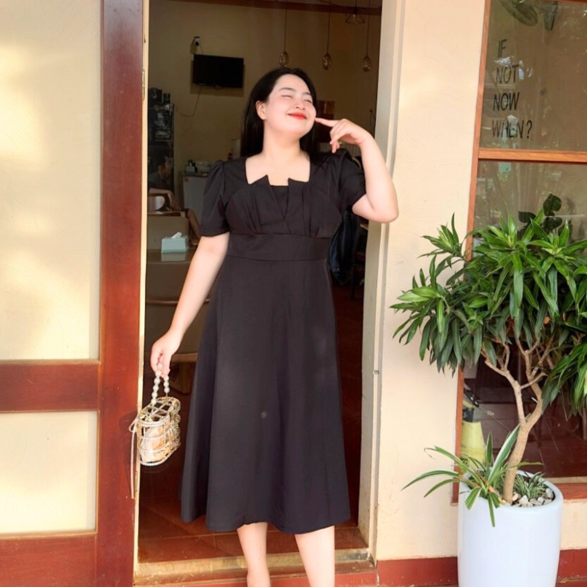 Women's big-size dress with flared ladylike style, short sleeves, square neck, stylized pleated ...