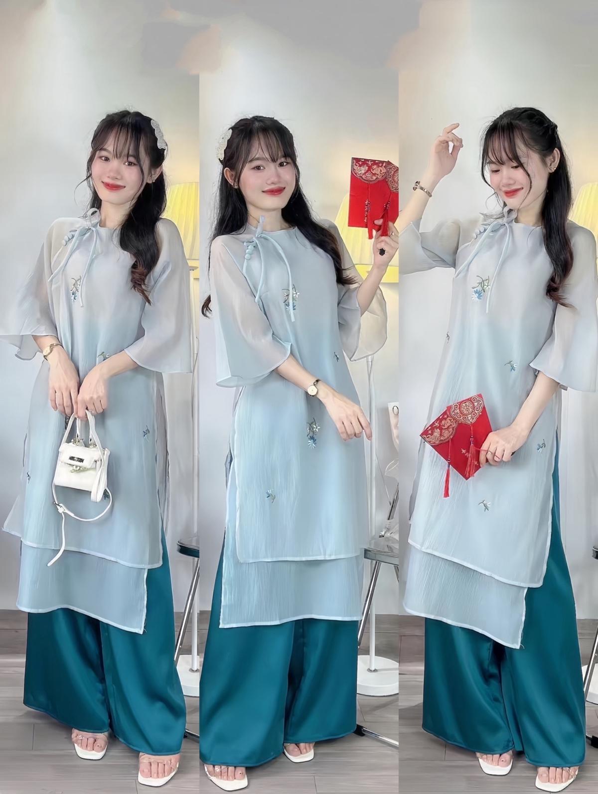 MINISO Minso 2025 blue and pink embroidered silk modern ao dai | Shopee ...