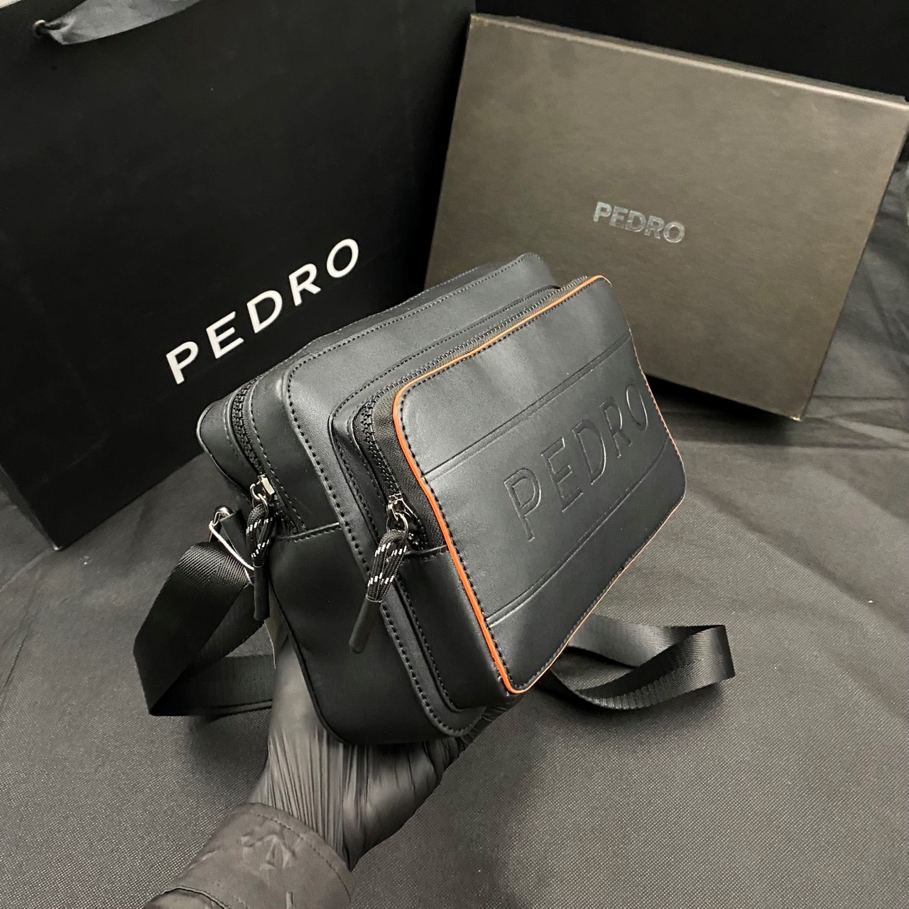 Pedro men's crossbody bag, rectangular shape, two orange-trimmed ...