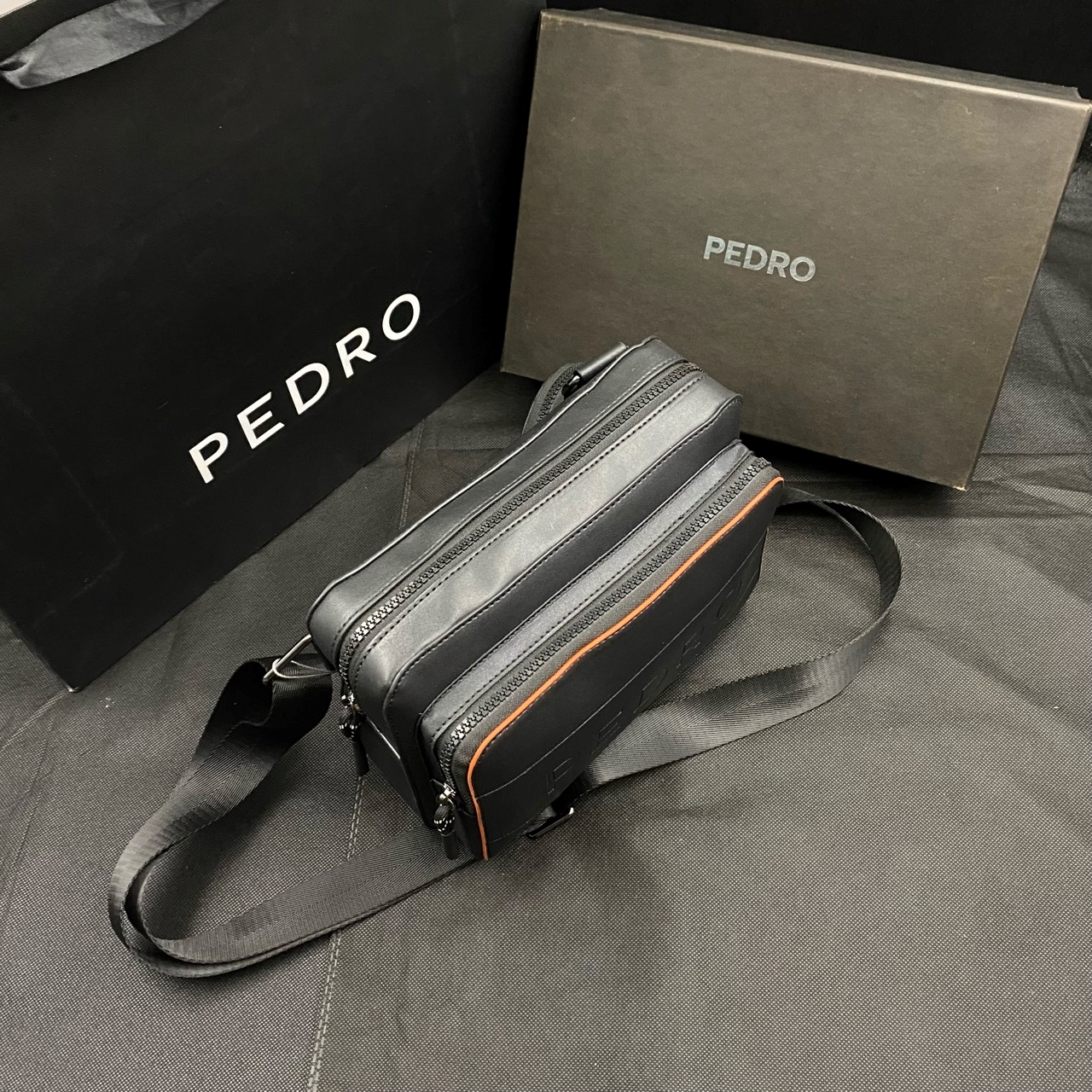 Pedro men's crossbody bag, rectangular shape, two orange-trimmed ...