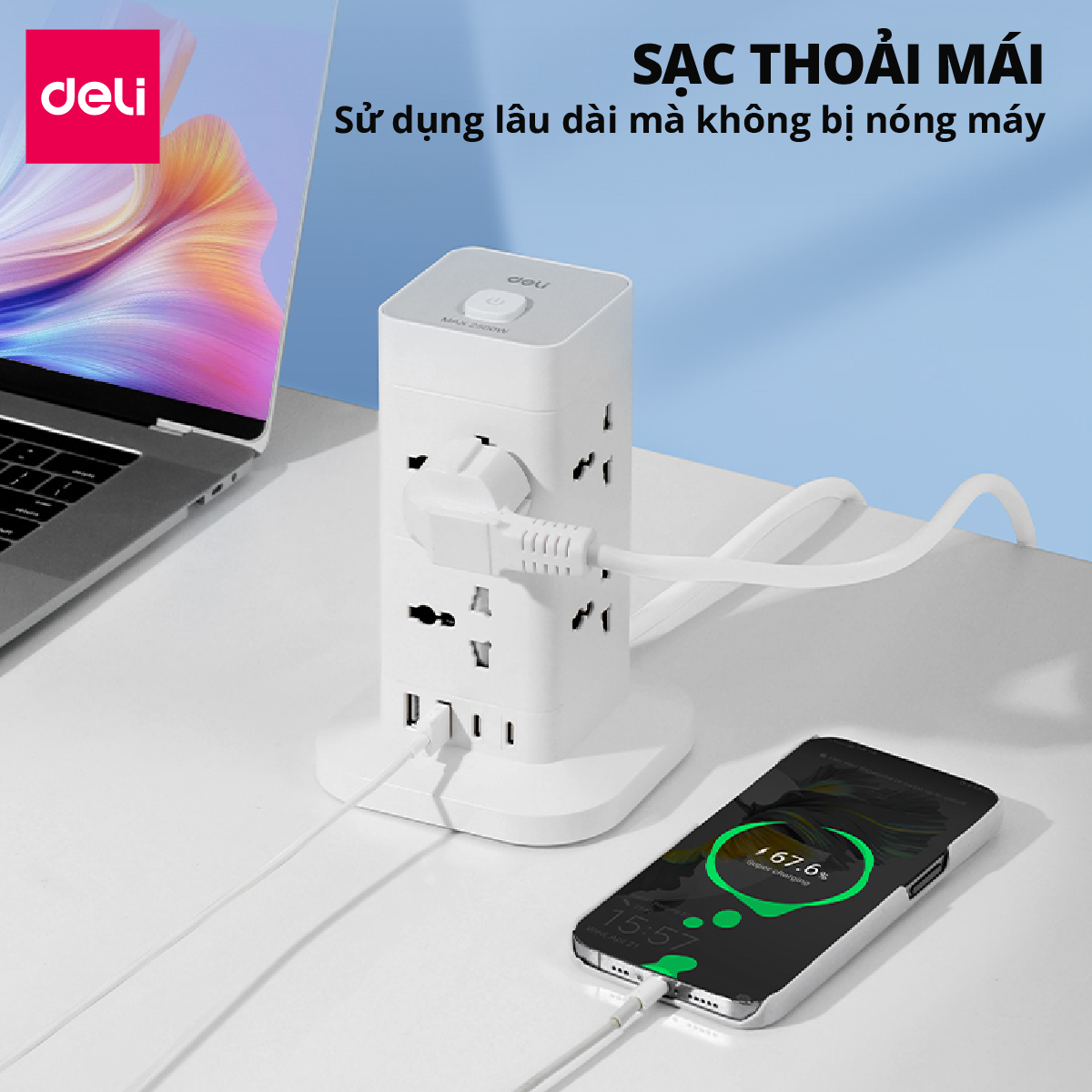 Deli Multi-Purpose Power Socket 2500W Capacity - Integrated USB & Type ...