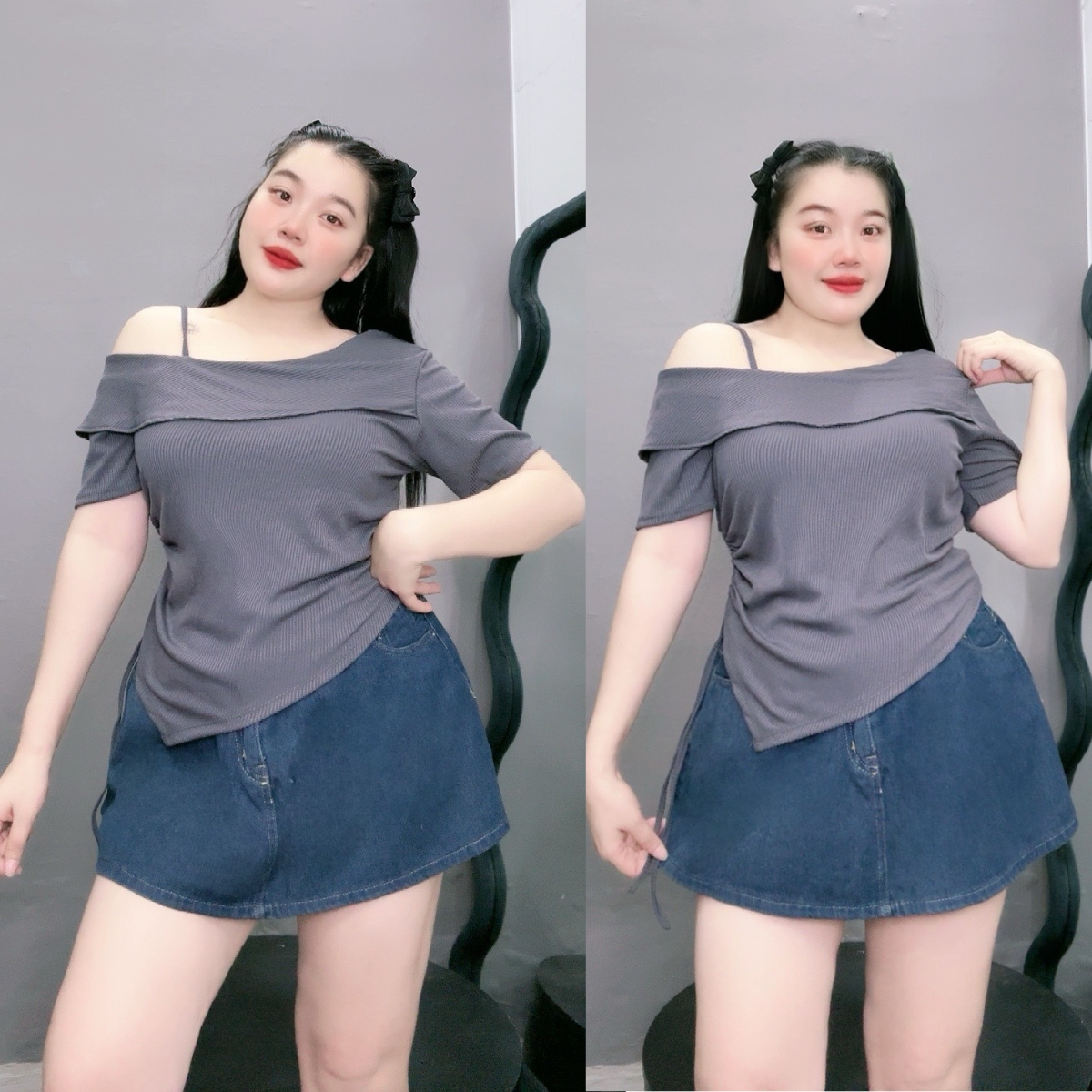 Women's Bigsize T-shirt with stylized fold-over flap, one side, ruffled ...