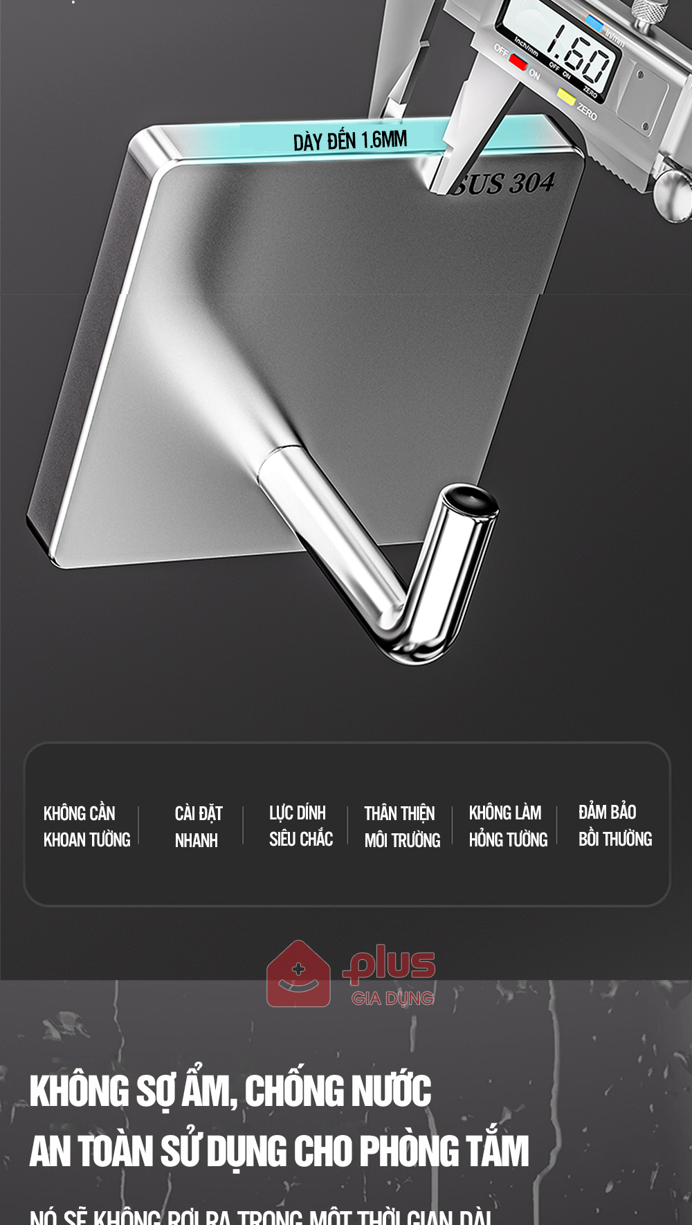 304 stainless steel heavy-duty wall hook, super sticky transparent wall ...