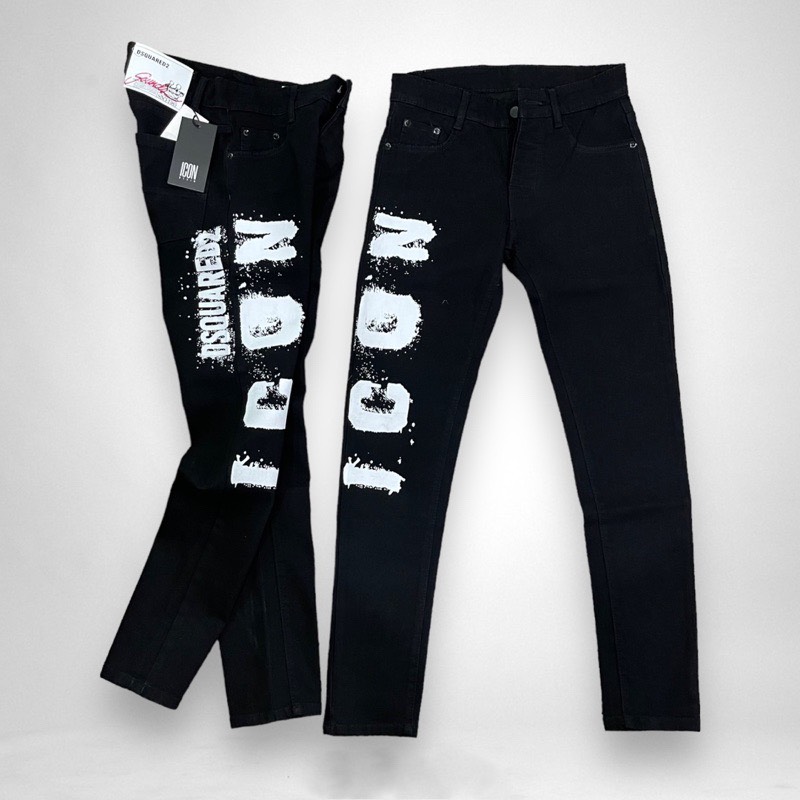 Men's black jeans with ICON printed, good elasticity, personality ...