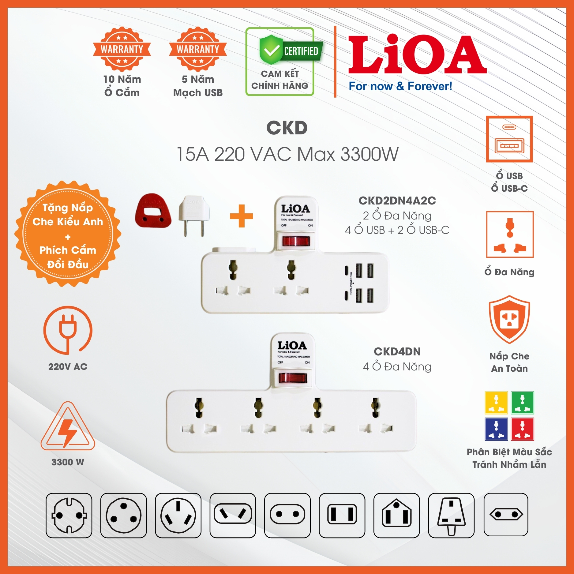 Genuine LiOA Wireless Universal Socket - Code CKD. Has USB Type A and Type C Ports. Total 15A ...