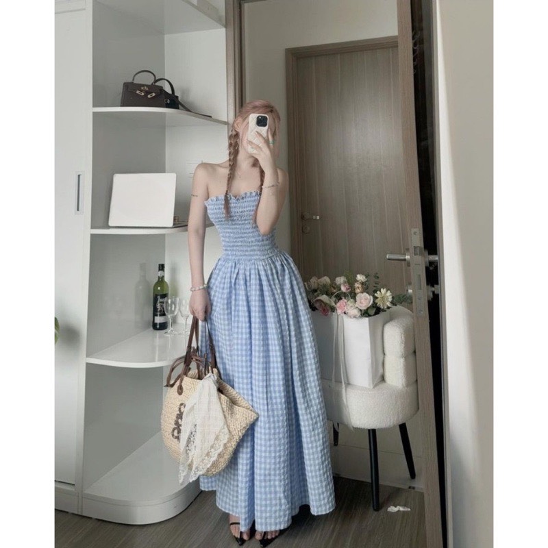 Beautiful beach long strapless checkered maxi dress V740 PANOSI | Shopee Malaysia