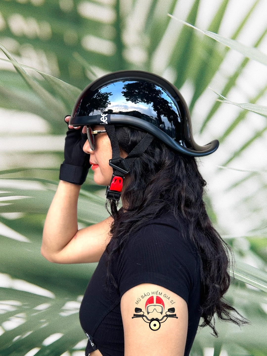 Gangster helmet worn backwards and down, Extremely light form, dusty ...