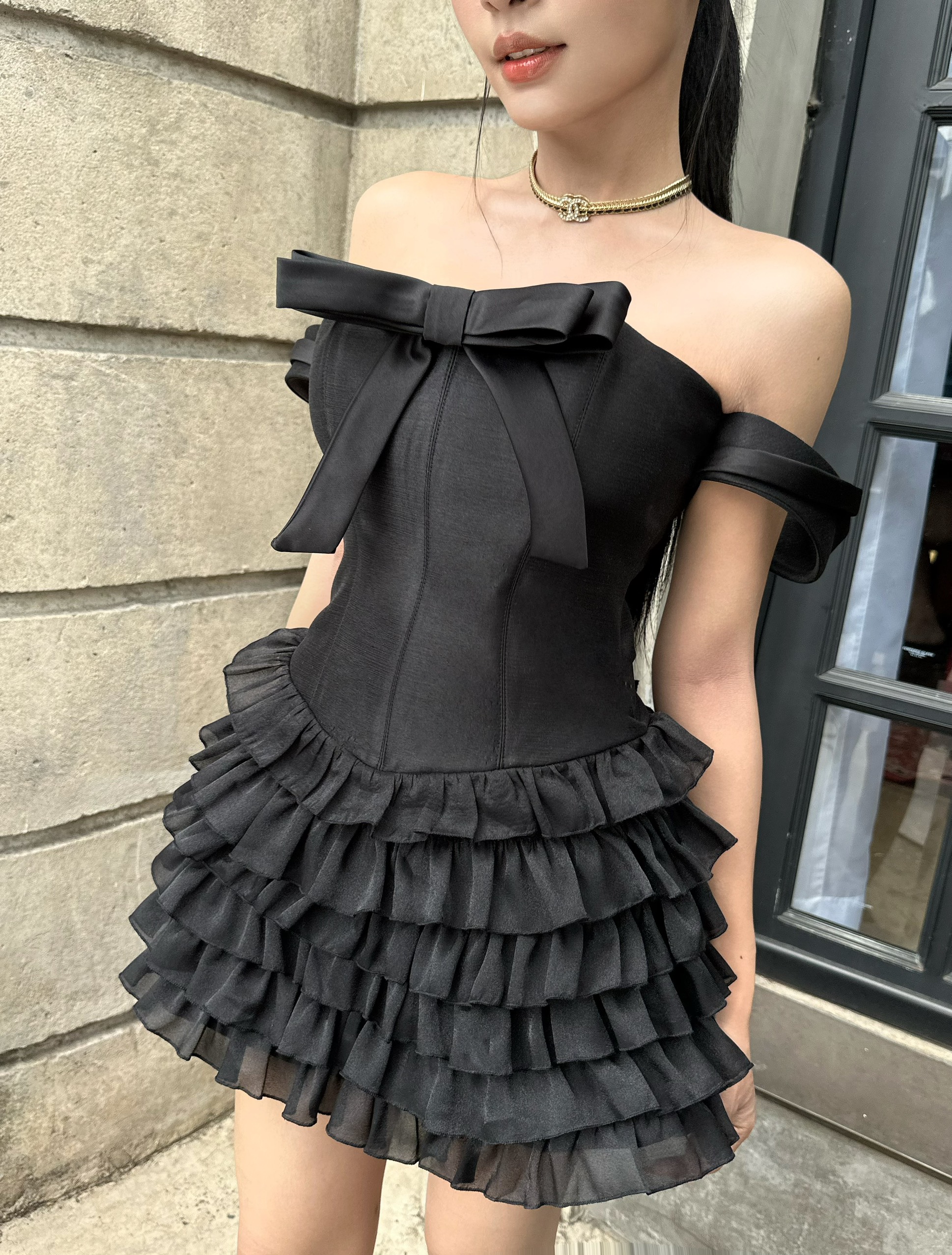 Off-the-shoulder Strapless Dress with Corset Frame Design, Black with ...