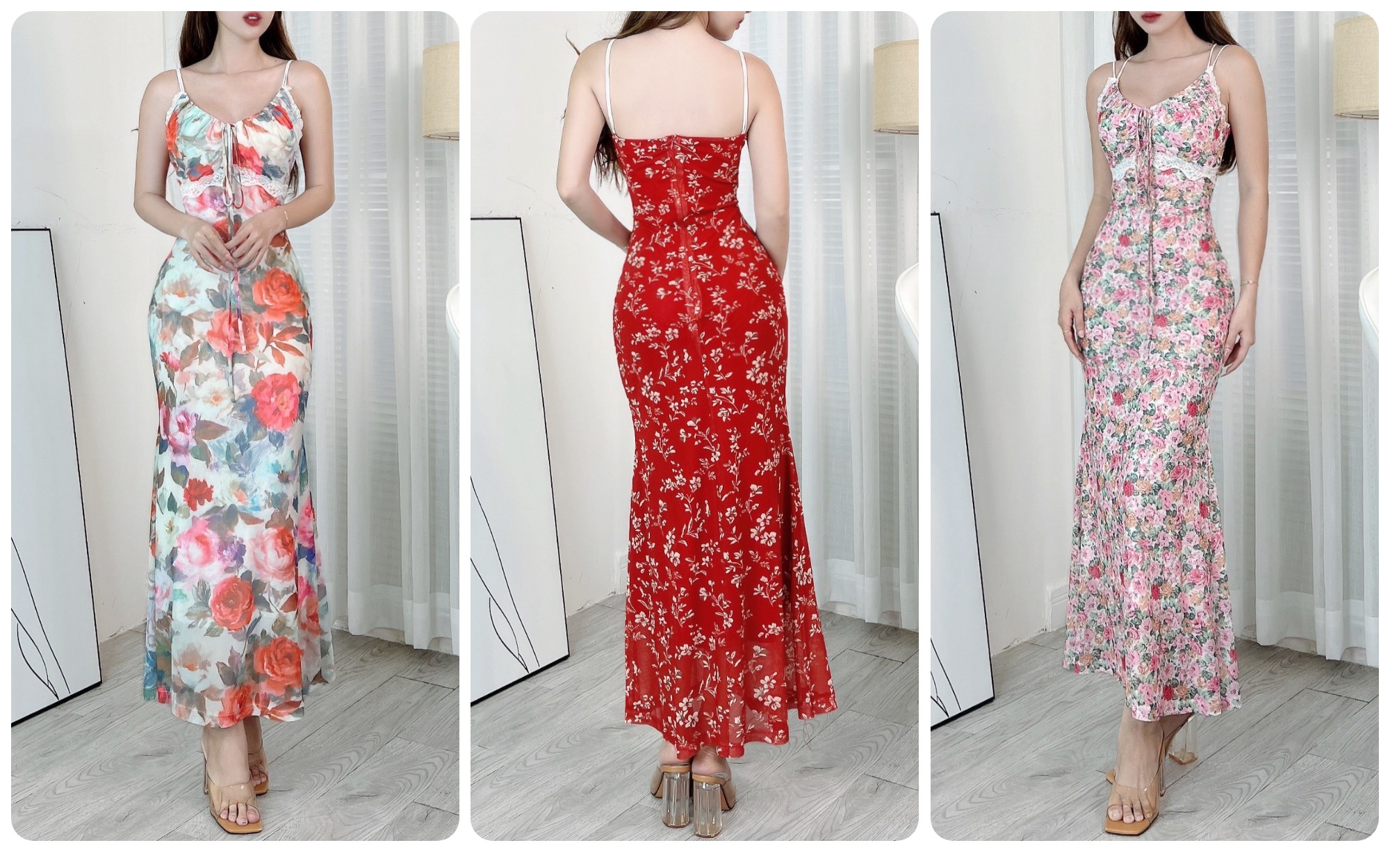 Mimix 2-Strap Bodycon Dress Made of Floral Printed Mesh with Lace Trim ...