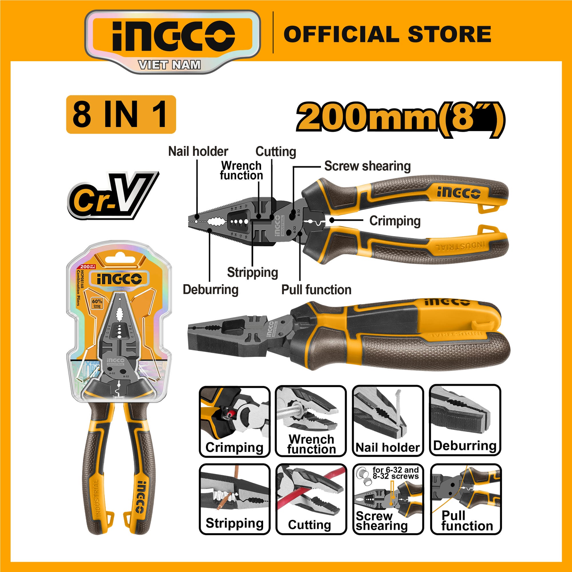 INGCO 6-in-1 multi-function combination HMFLNP28200 8"/200mm| 8 in 1 ...