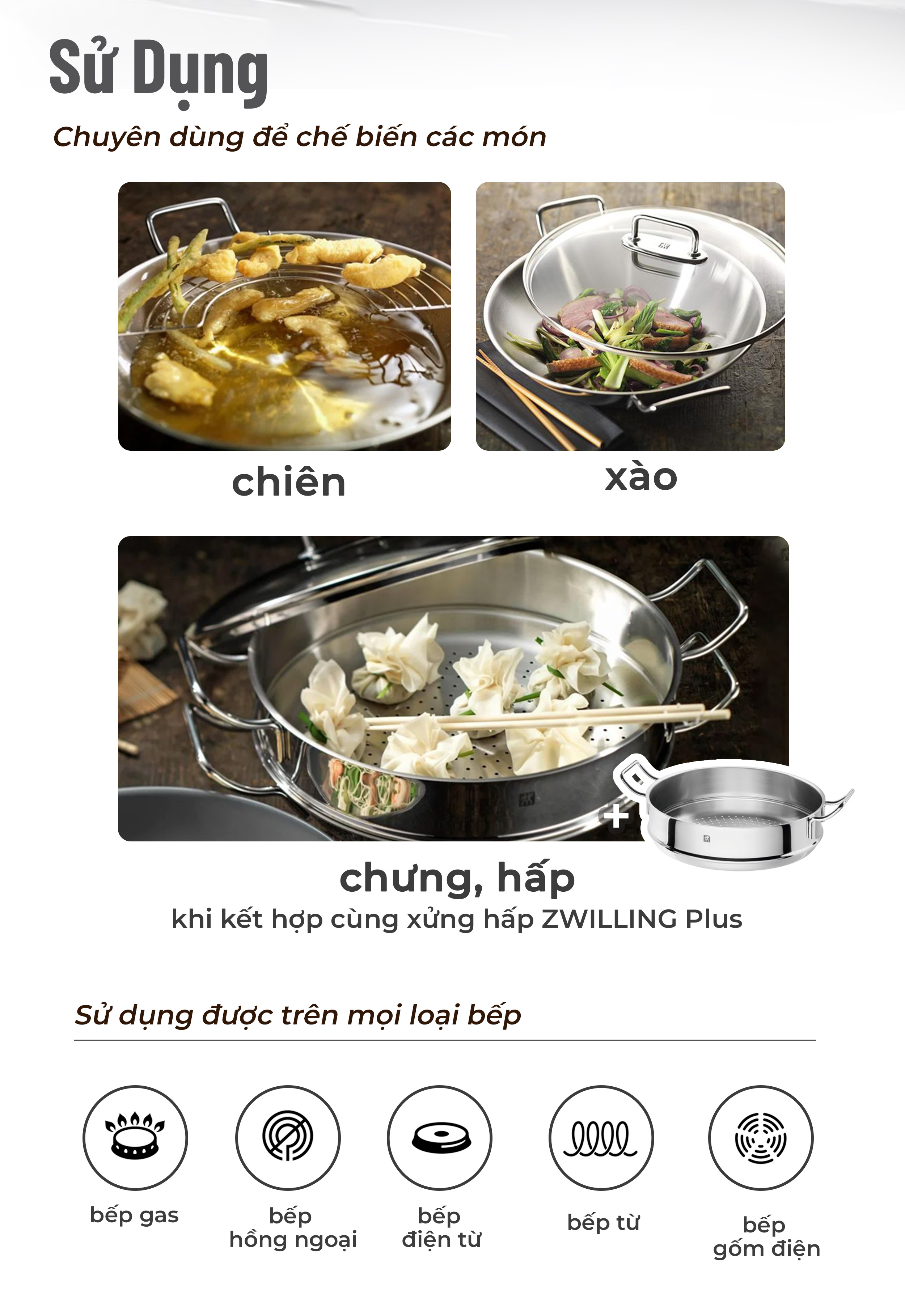Wok Zwilling Plus Deep Stir-Fry Stainless Steel Pan 32cm with glass lid ...