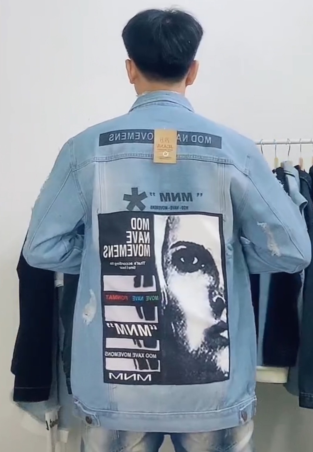 Blue men's and women's jeans with MNM print, loose format, just ...