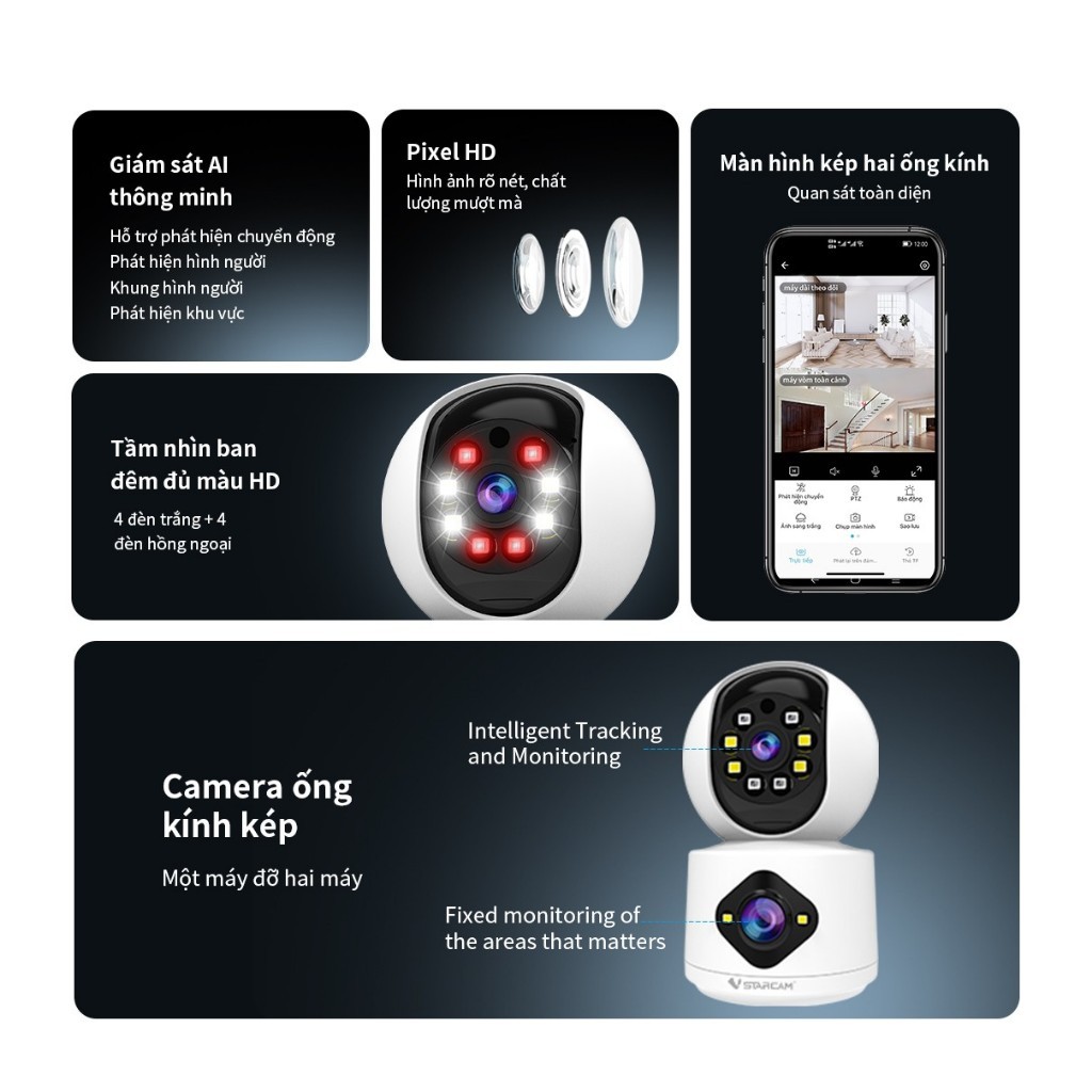 Vstarcam C992DR Binocular Wifi Camera Full HD, extremely wide 360 viewing angle, 2-way ...