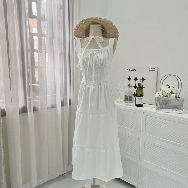 Kemie Shop Super Cute White Ruffled Waist Maxi Dress (with real photos) | Shopee Malaysia