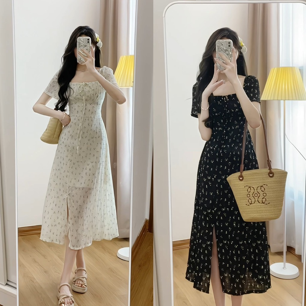 Square neck floral dress with bow and elastic chest at the back, super ...