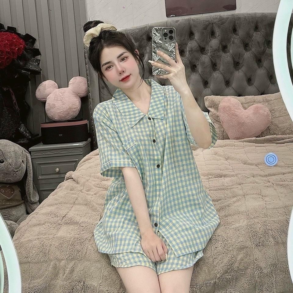 short sleeve Checkered pajama Set for women's home wear - Thigh-length ...