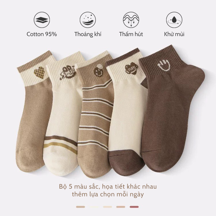 Women's short socks with cute patterns, set of 5 pairs of cotton socks ...