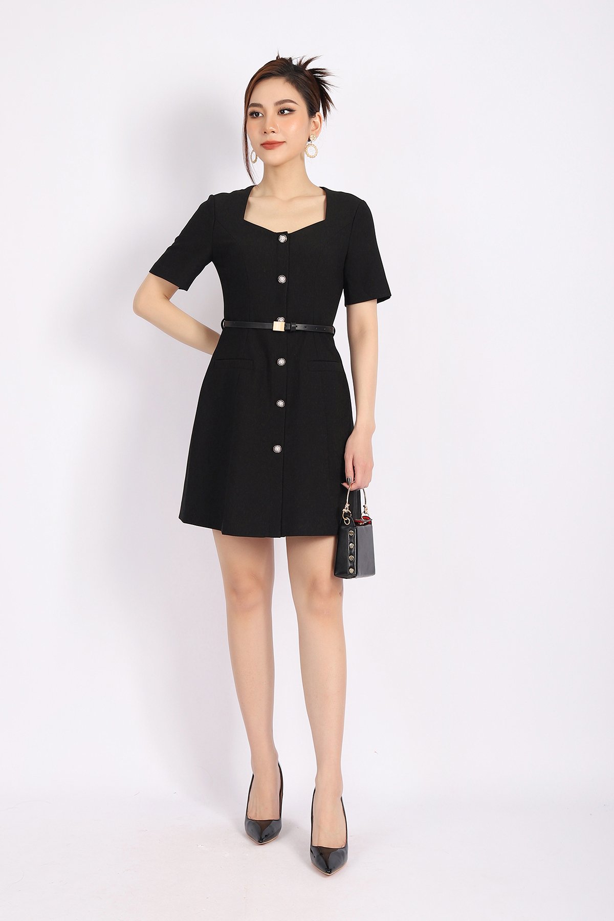 Fdc33806 - A-style raw fabric office dress with Decorative buttons with ...