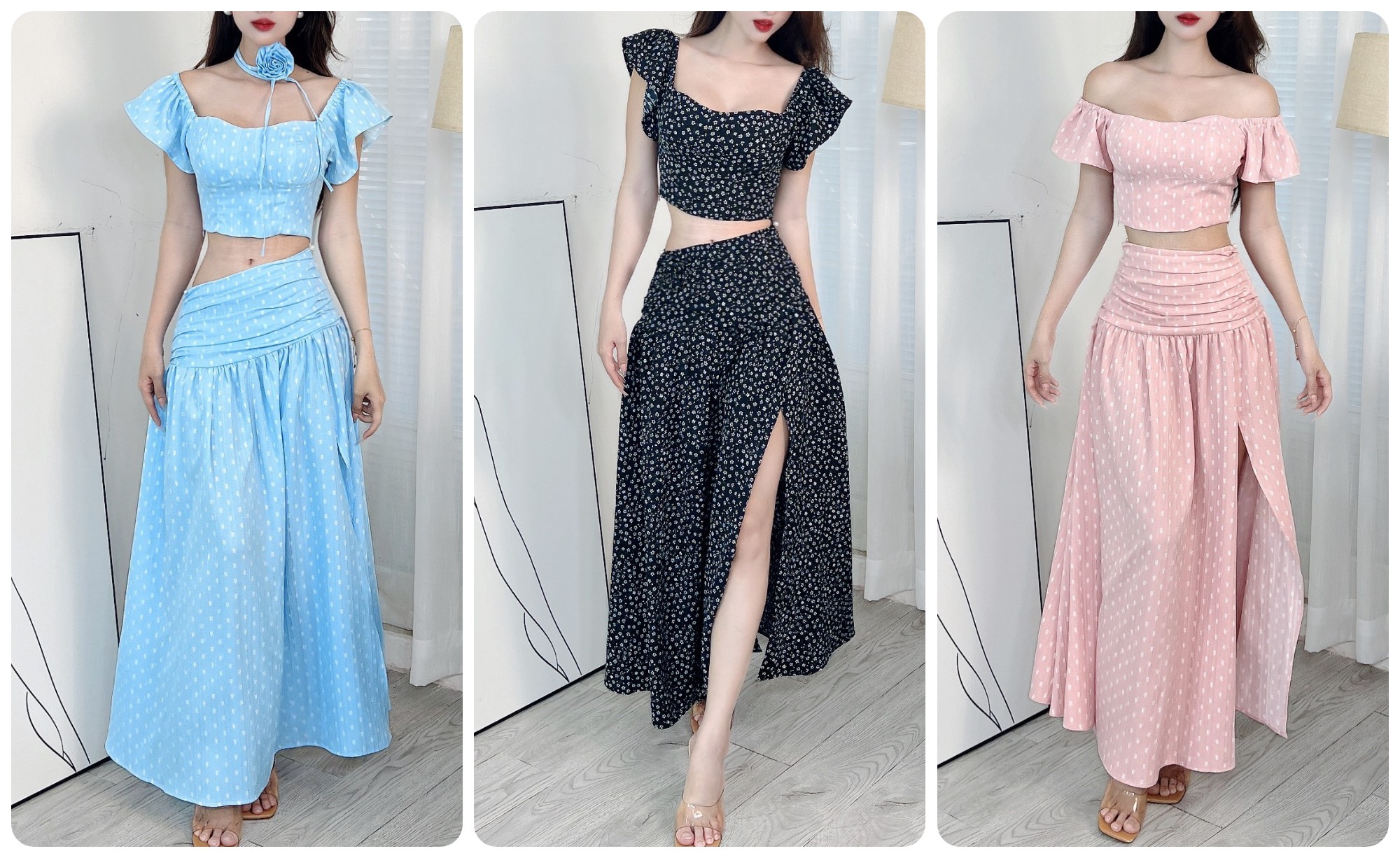 Mimix Skirt Set Fairy Tail Sleeve Crochet Top with Pleated Waist Skirt ...