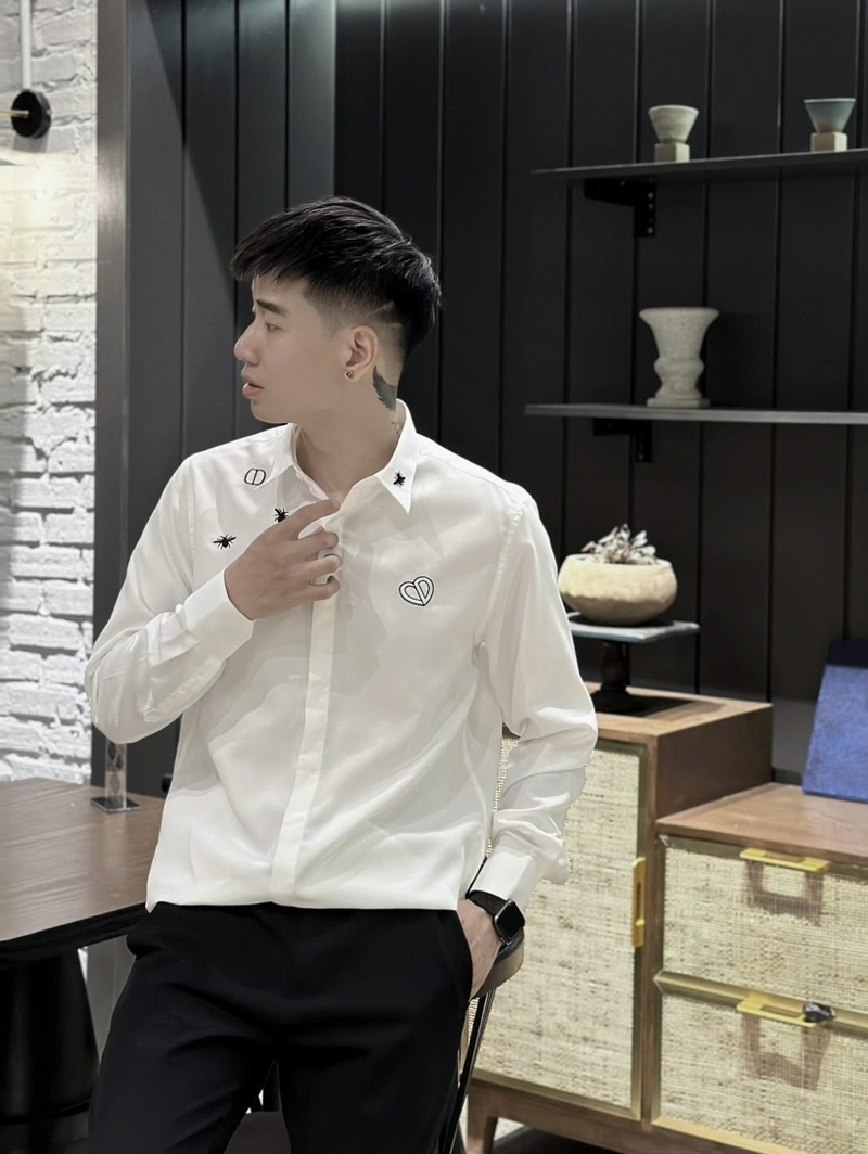 Men's long-sleeved white CD shirt with silk fabric embroidered with bee ...