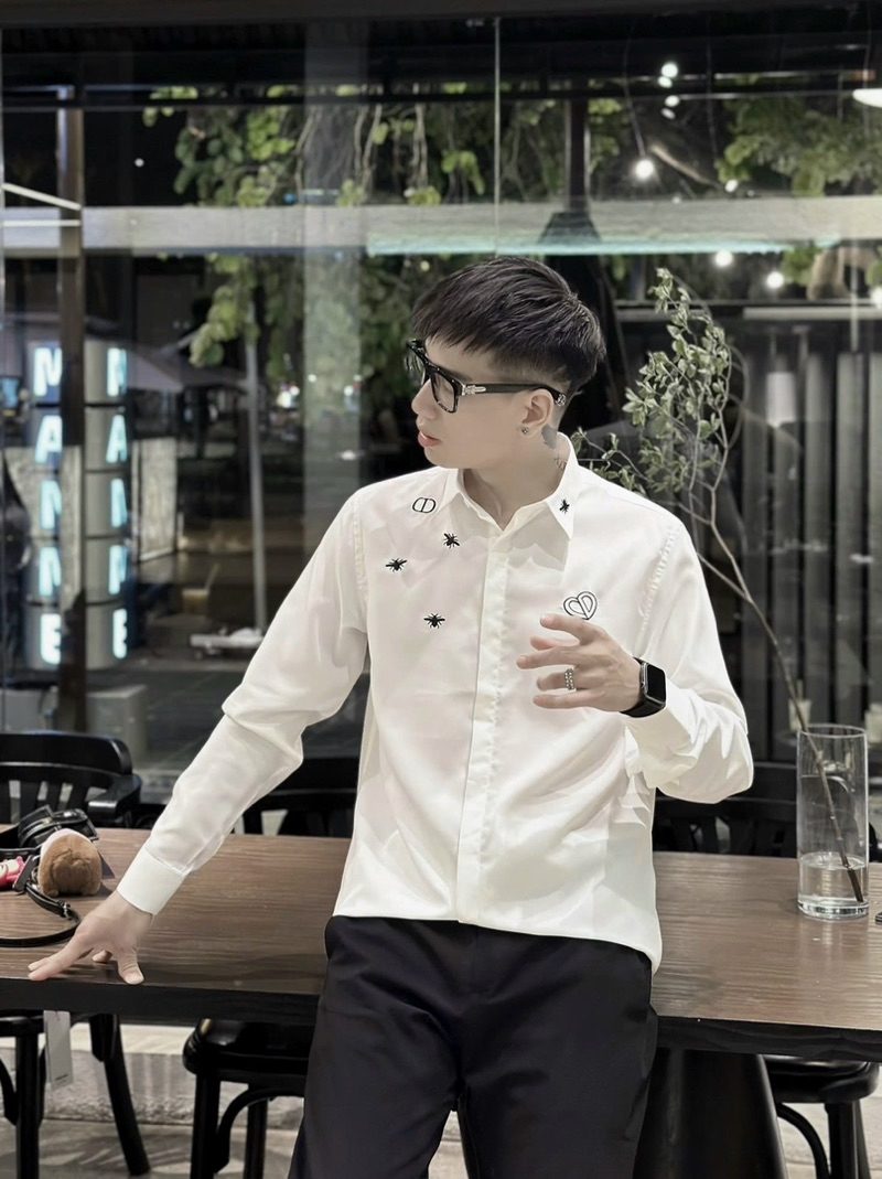 Men's long-sleeved white CD shirt with silk fabric embroidered with bee ...
