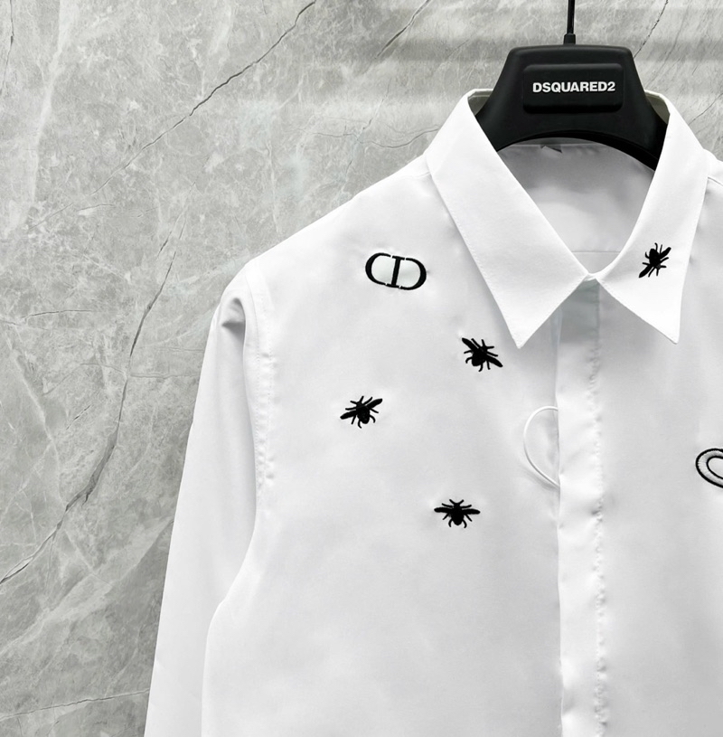 Men's long-sleeved white CD shirt with silk fabric embroidered with bee ...