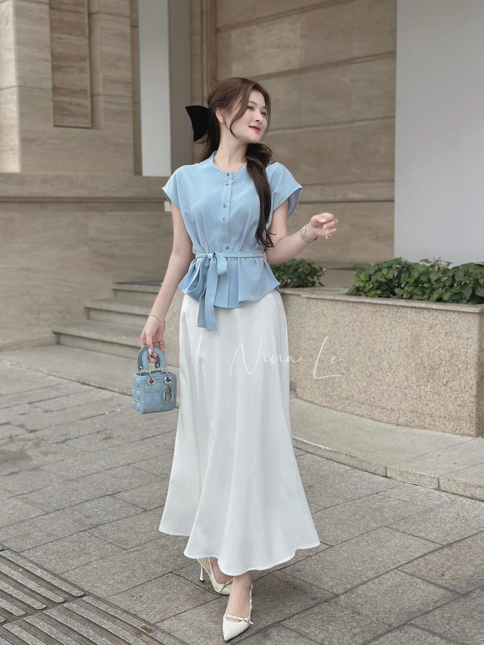 Set of blue ruffled top dress with mussel sleeves mixed with long white ...