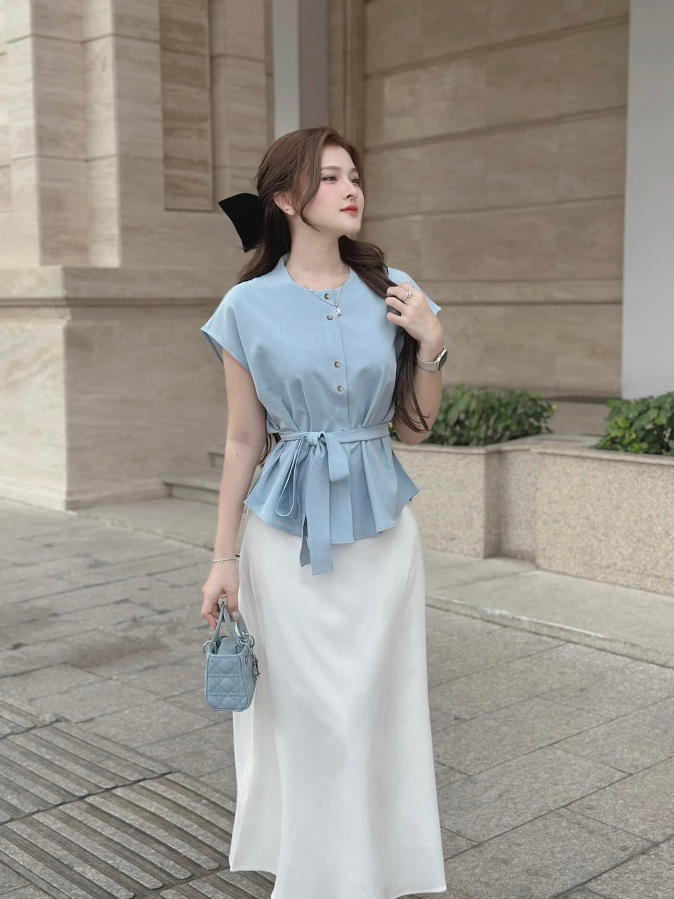 Set of blue ruffled top dress with mussel sleeves mixed with long white ...
