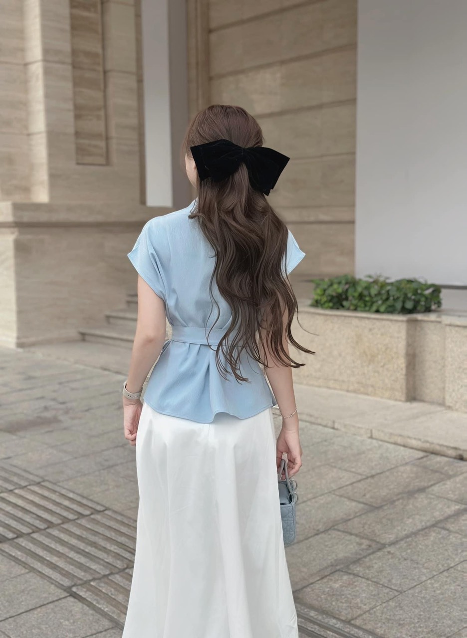 Set of blue ruffled top dress with mussel sleeves mixed with long white ...