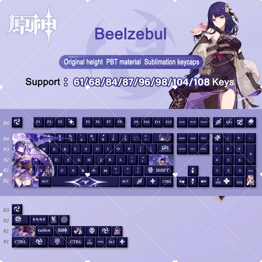 Raiden Shogun PBT key button set, 136 thick mechanical keys genshin impact in dyesub, 5 sides ...