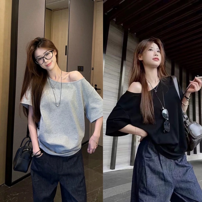 WOMEN'S Loose Off-Shoulder T-SHIRT short sleeve JUSTDUN T42 | Shopee ...