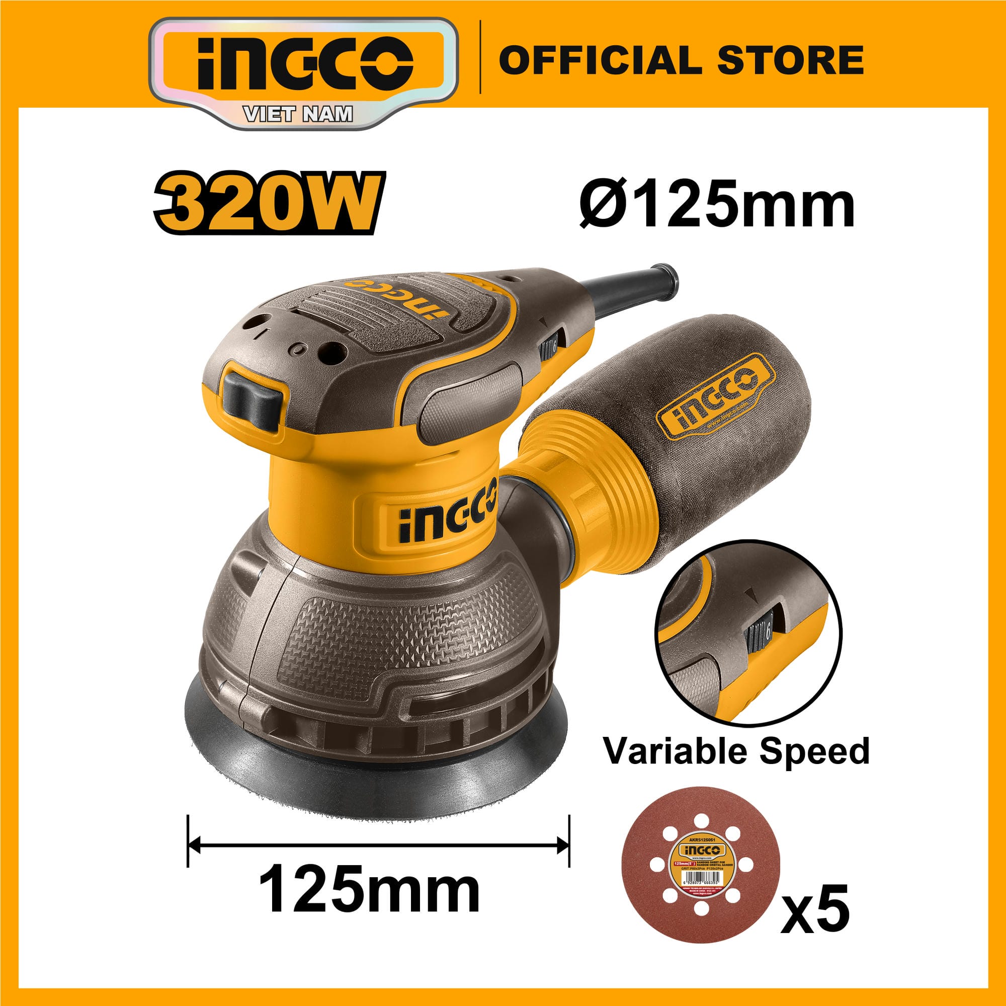 Ingco RS3216 320W 125mm diameter circular sander with speed adjustment ...