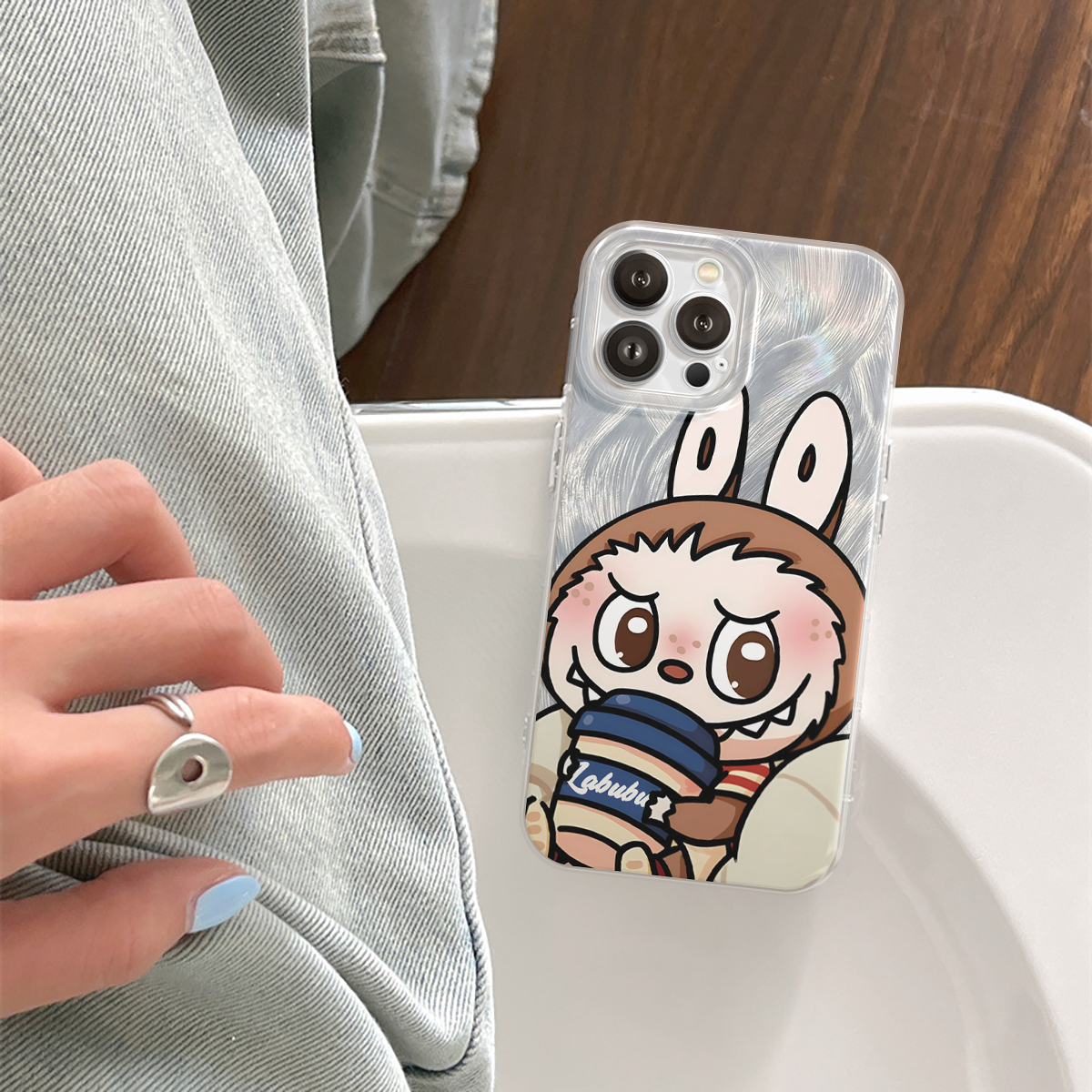 Labubu Cool Silver Silicone iPhone Case, Shockproof, Camera Protection ...